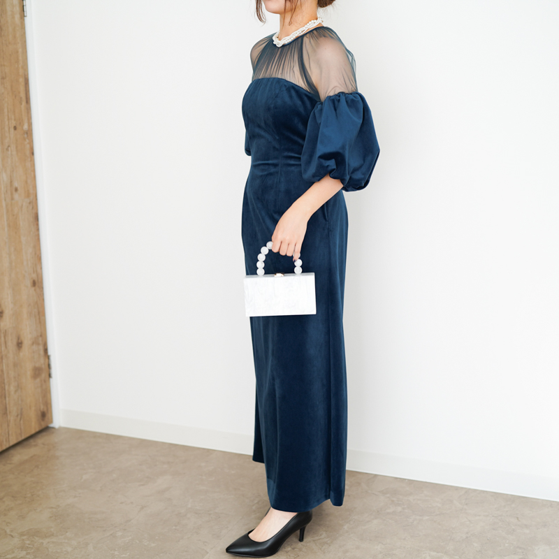 Ameri VINTAGE（アメリ ヴィンテージ）SOUFFLE SLEEVE VELOUR DRESS（ブルー/M） | ブランドレンタルドレスのHELLO