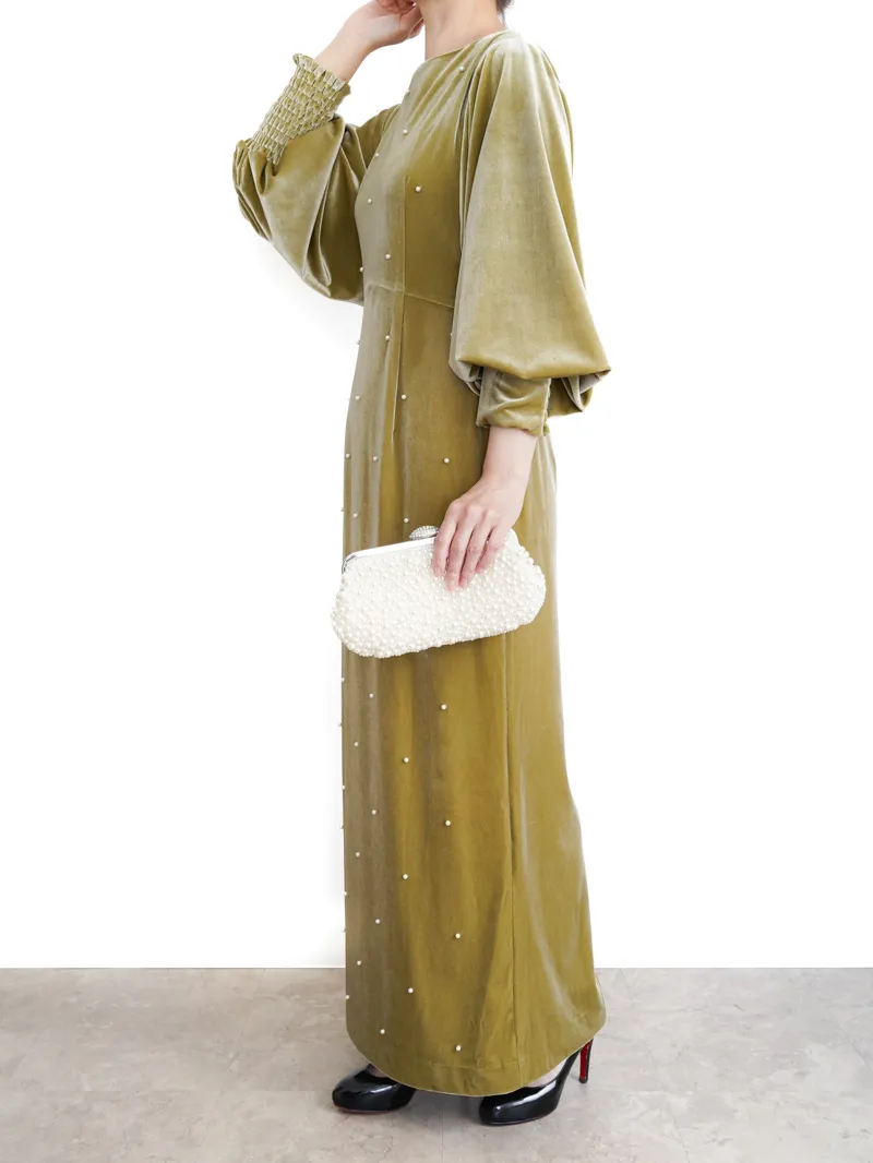 Ameri VINTAGE（アメリ ヴィンテージ）BACK OPEN PEARL VELOUR DRESS（ピスタチオ/M） | ブランドドレスのレンタルドレスショップHELLO-結婚式・二 ...
